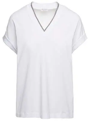 Brunello Cucinelli V-neck T-shirt With Silvery Trim - White