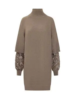 Brunello Cucinelli Cashmere Sweater Mini Dress With Embellished Sleeves