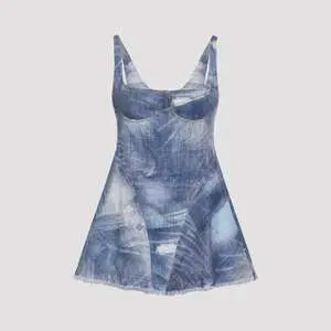 Roberto Cavalli Frayed Cotton Mini Dress - Blue