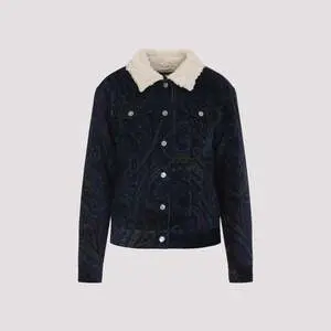 Etro Printed Cotton Blend Jacket With Shearling Collar - Blue