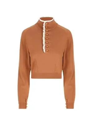 Chloé High-neck Sweater With Button And Lace Detailing - Marrone