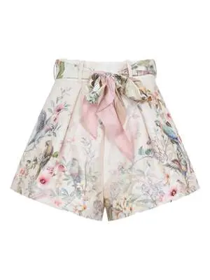 Zimmermann Silk Cotton Blend Printed Mini Shorts With Removable Scarf Belt