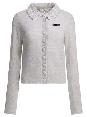 Chloé Fitted Logo Wool Knit Cardigan - Grey