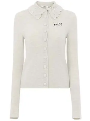 Chloé Fitted Logo Wool Knit Cardigan - Grey