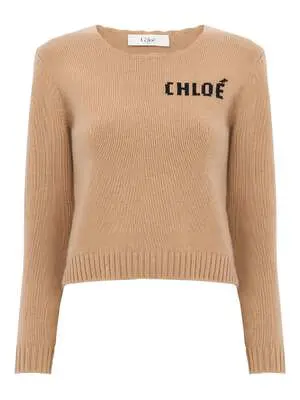 Chloé Wool And Cashmere Blend Crew Neck Sweater With Logo - Brown