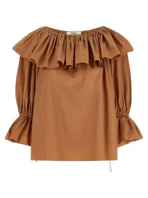 Chloé Ruffled Cotton Blouse With Drawstring Cuffs For - Beige
