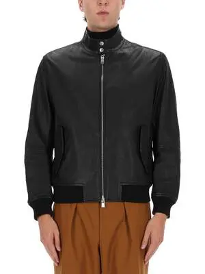 BOSS Leather Zip-up Jacket With Stand Collar