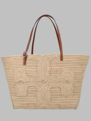 Tory Burch Raffia Tote Bag With Leather Top Handles - Beige