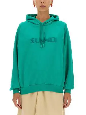 Sunnei Logo Embroidered Drawstring Hoodie - Green