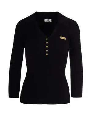 Elisabetta Franchi Ribbed Knit Long Sleeve Polo Top With Gold-tone Buttons - Nero