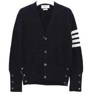 Thom Browne Navy Wool Cardigan With Signature Stripes