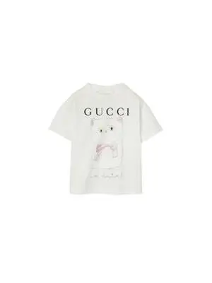 Gucci Mini Cotton T-shirt With Cat Graphic - White