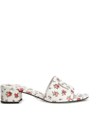 Dolce & Gabbana Floral Print Leather Block Heel Sandals - White