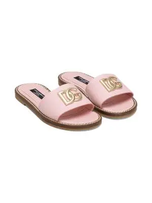Dolce & Gabbana Nappa Leather Flat Slippers With Gold Tone Dg Embellishment - Pink
