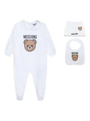 Moschino Teddy Bear Print Bodysuit, Hat, And Bib Set - White
