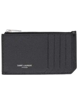 Saint Laurent Fragments Zipped Card Case In Grain De Poudre Leather - Black