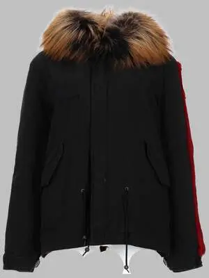 Mr & Mrs Italy Cotton Hooded Parka With Fur Trim And Red Accents - Black