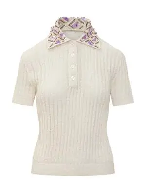 DES_PHEMMES Ribbed Polo With Embellished Collar - Vanilla