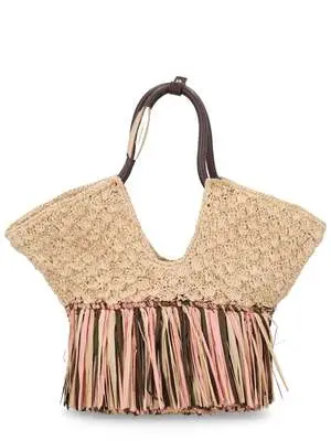 Zimmermann Goldentime Raffia Tote With Leather Trim And Fringe - Beige