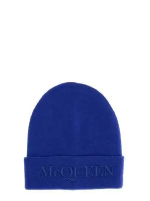 Alexander McQueen Ribbed Knit Logo Beanie - Blue