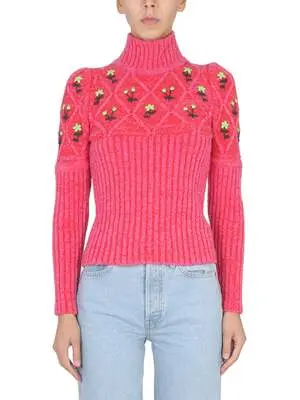 CORMIO High Neck Flower Embroidered Knit Top - Red