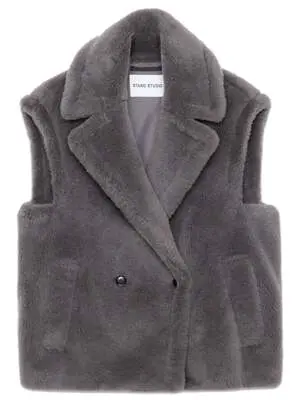 STAND STUDIO Straight Fit Wool Vest With Faux Fur Texture - Grey