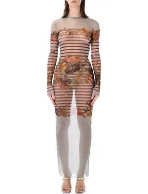 JEAN PAUL GAULTIER Long Sleeve Graphic Print Sheer Mesh Maxi Dress - Light Blue Multi