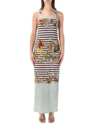 JEAN PAUL GAULTIER Slim Fit Long Tank Dress With Graphic Floral Print - Light Blue Multi