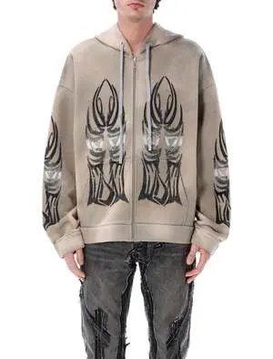 WHO DECIDES WAR Graphic Zip-up Hoodie With Rhinestone Embellishment - Vintage Grey