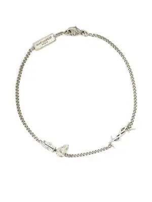 Saint Laurent Adjustable Interlocking Charm Ring With Rhinestones - Argento
