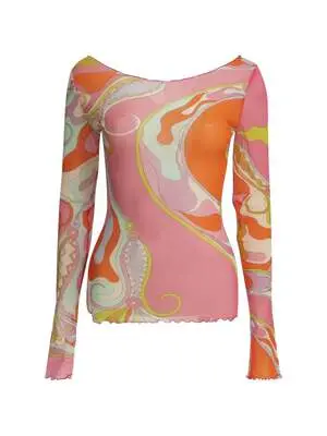 Emilio Pucci Fitted Long Sleeve Boat Neck Tulle Top - Multicolor