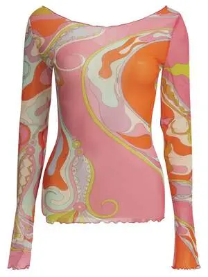 Emilio Pucci Fitted Long Sleeve Boat Neck Tulle Top - Multicolor