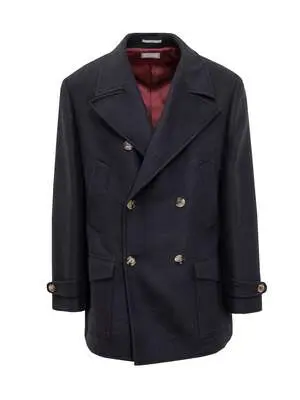 Brunello Cucinelli Double Breasted Wool Pea Coat - Blu