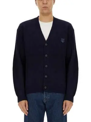 Maison Kitsuné Bold Fox Head Patch Ribbed Cardigan - Blue