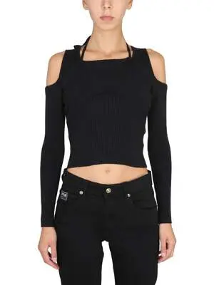 Versace Square Neck Cold Shoulder Ribbed Knit Top