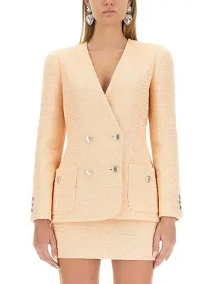 Alessandra Rich Double Breasted V-neck Tweed Jacket - Yellow