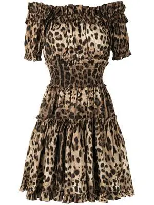 Dolce & Gabbana Off-the-shoulder Ruched Mini Dress With Puff Sleeves - Brown