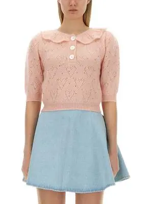 Alessandra Rich Heart Patterned Knit Top With Ruffle Collar