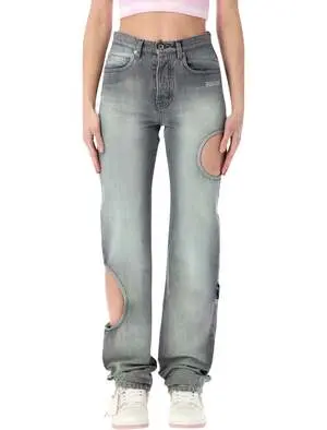 Off-White Overdyed Straight Leg Jeans With Cutout Detail - Grey