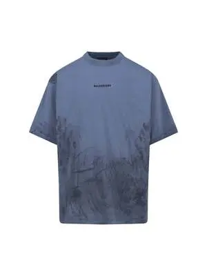 Balenciaga Cotton T-shirt With Printed Detail - Blue