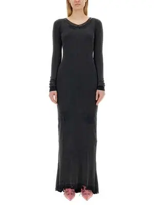 Balenciaga Distressed Lace-trim Long Sleeve Maxi Dress - Black