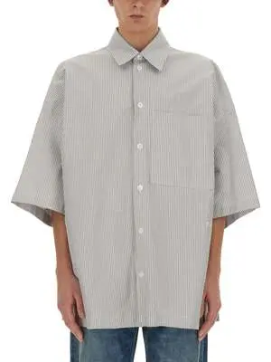 Bottega Veneta Striped Cotton Overshirt With "bv" Embroidery - Grey