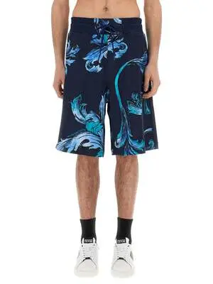 Versace Baroque Print Cotton Sports Shorts - Blue