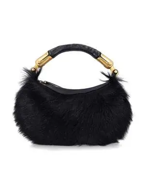 Balmain Genuine Fur Handbag With Leather Handle - Black
