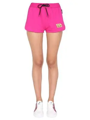 Versace Elastic Waist Mini Shorts With Greek Logo Patch - Fuchsia