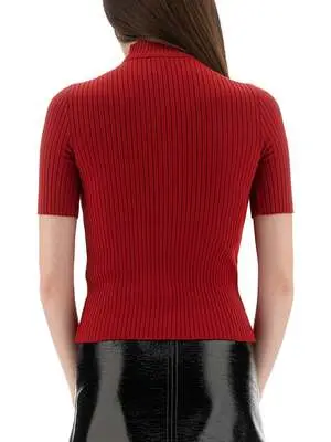 COURREGES Rib Knit High Neck Short Sleeve Sweater - Red