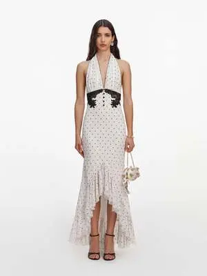 SELF-PORTRAIT Halterneck Polka Dot Midi Dress With Lace Trim - Bianco