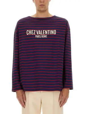 Valentino Garavani Long Sleeve Cotton T-shirt With Chez Print - Blue