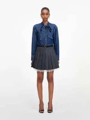 SELF-PORTRAIT Bow Neck Mini Shirt Dress - Blu