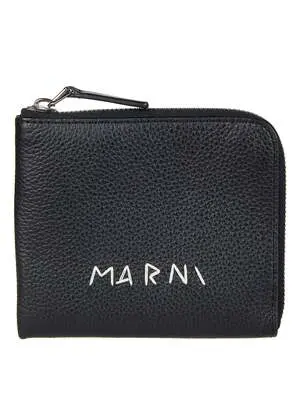 Marni Logo-stitch Zipped Leather Wallet - Nero